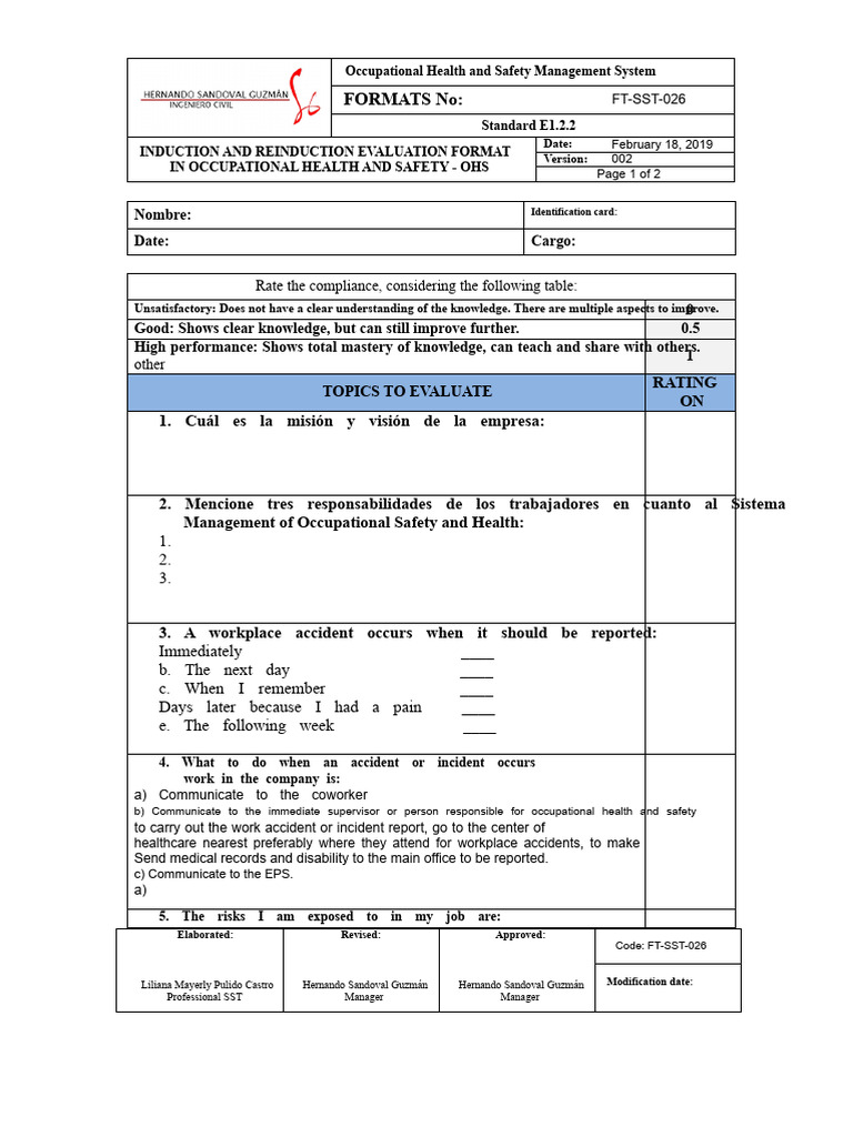 1 FT-SST-026 Induction and Re-Induction Evaluation Format For ...