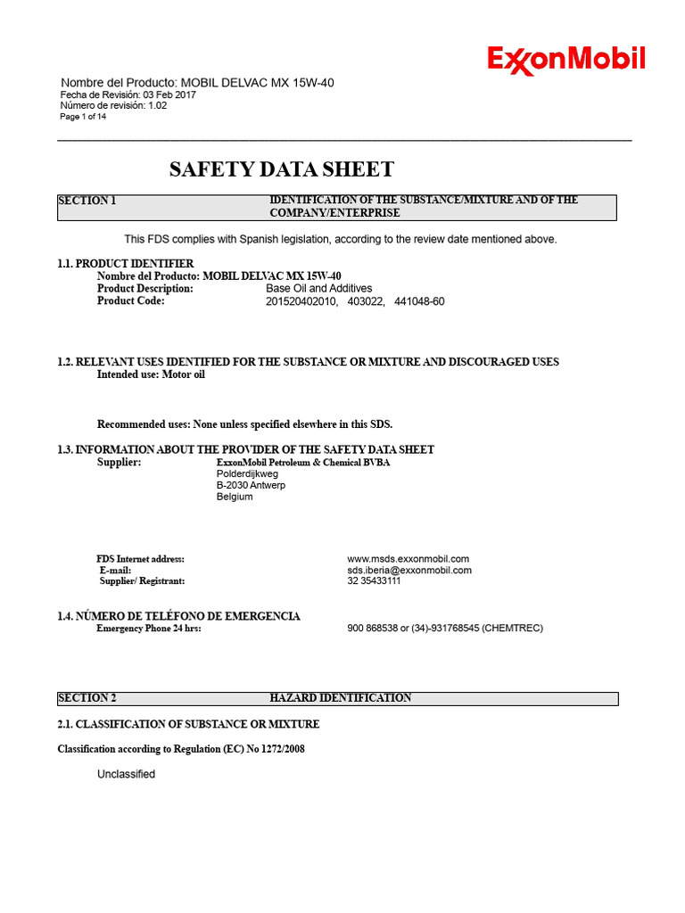 MOBIL DELVAC MX 15W-40 Safety Data Sheet | PDF | Occupational Safety ...
