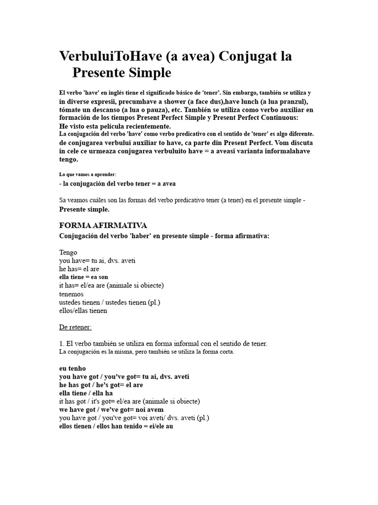 El Verbo Tener | PDF | Verbo | Oración (Lingüística)