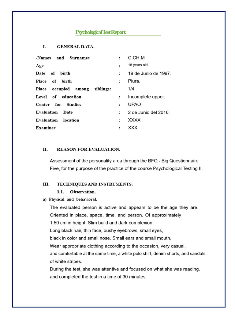 Psychological Test Report I - BFQ Questionnaire - Big Five | PDF ...