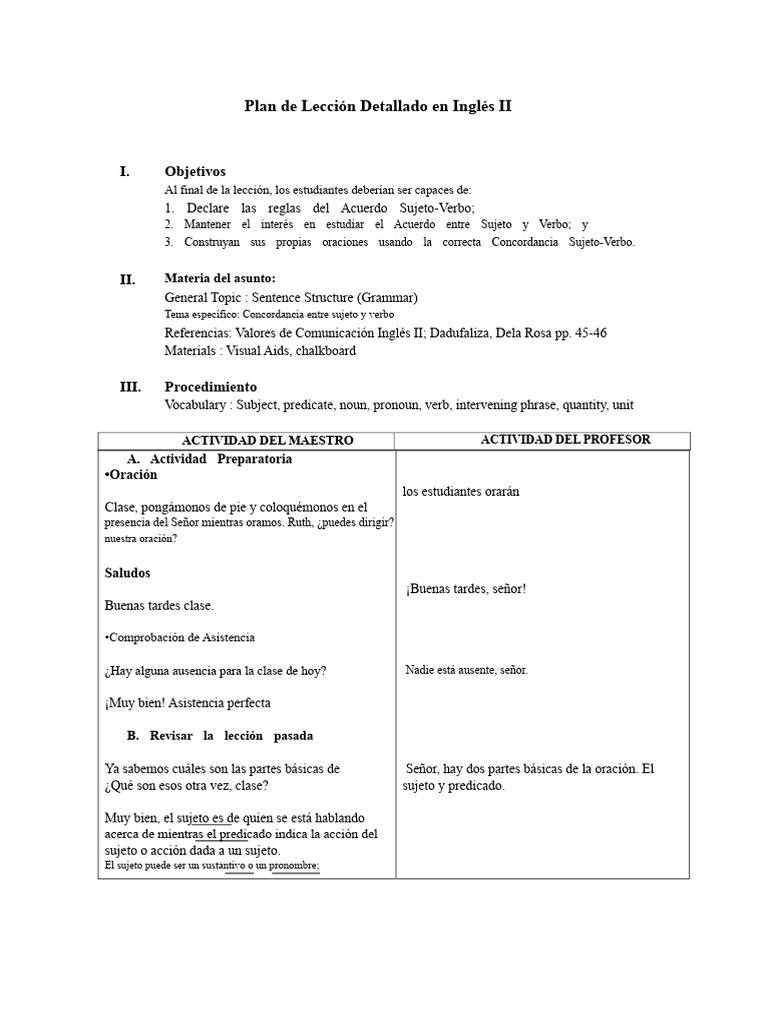 Plan de Lección Sobre La Concordancia Sujeto-Verbo | PDF | Verbo ...