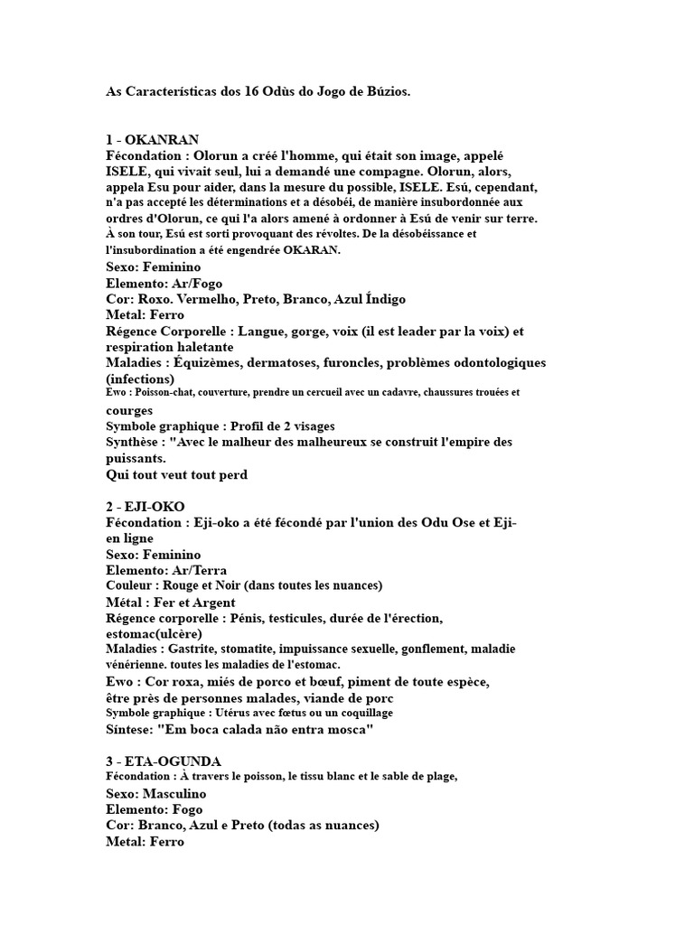Caractéristiques des 16 Odùs du Búzios | PDF