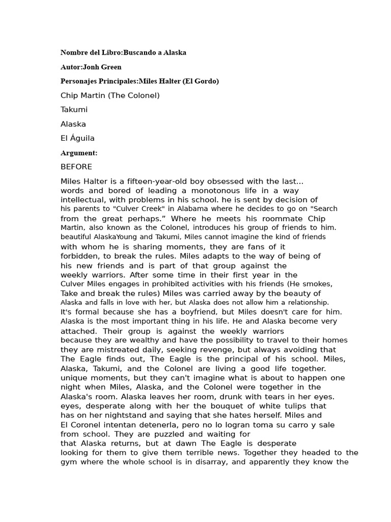 Summary of Looking For Alaska | PDF