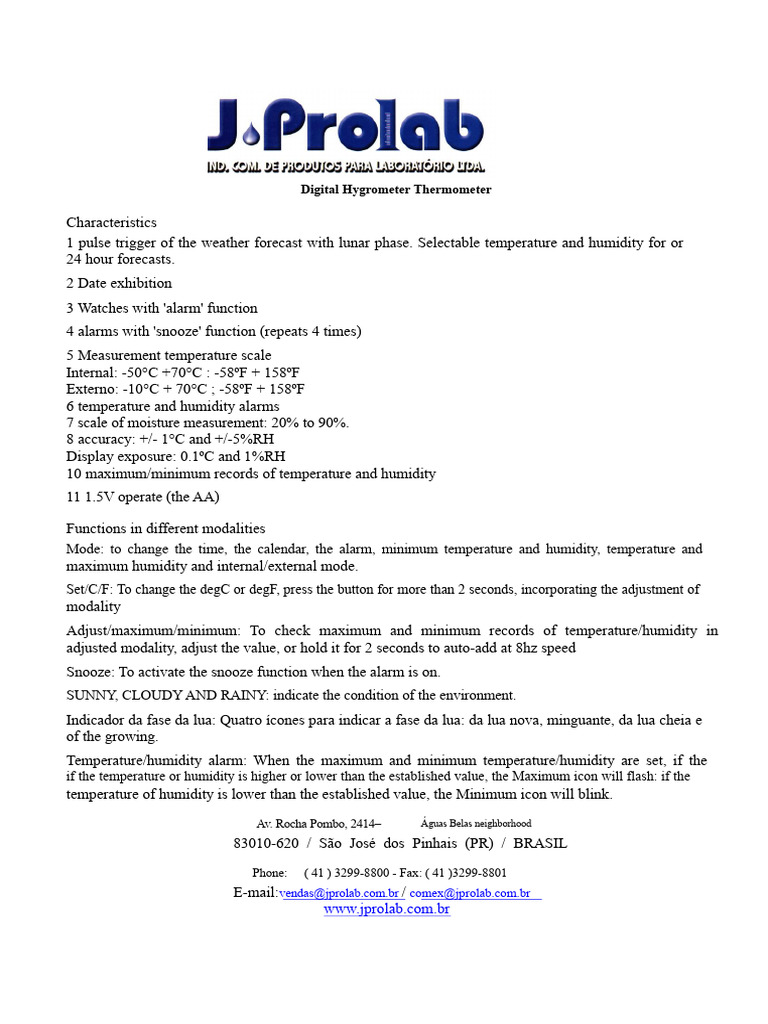Digital Thermo-Hygrometer Manual From J Prolab | PDF | Humidity ...