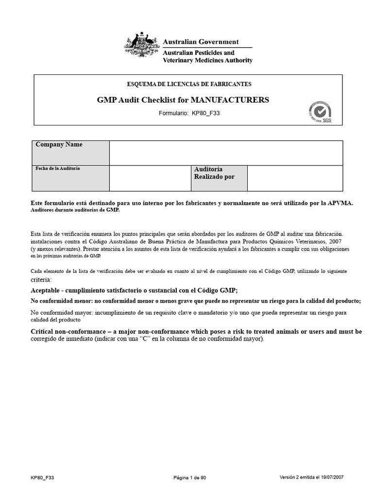 TGA - Lista de Verificación de Auditoría GMP | PDF | Calidad (comercial ...
