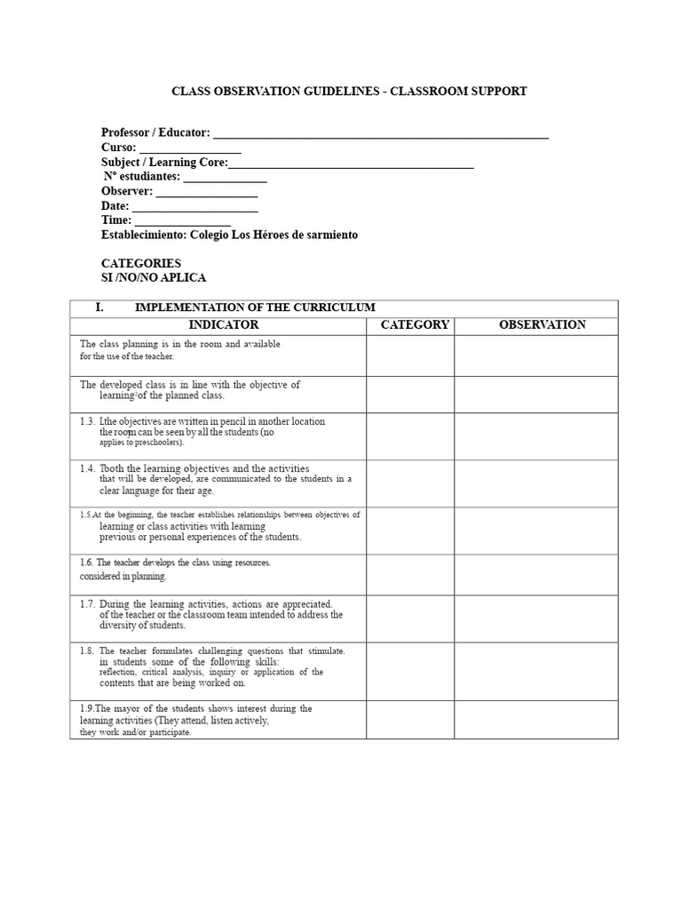 Class Observation Guidelines | PDF