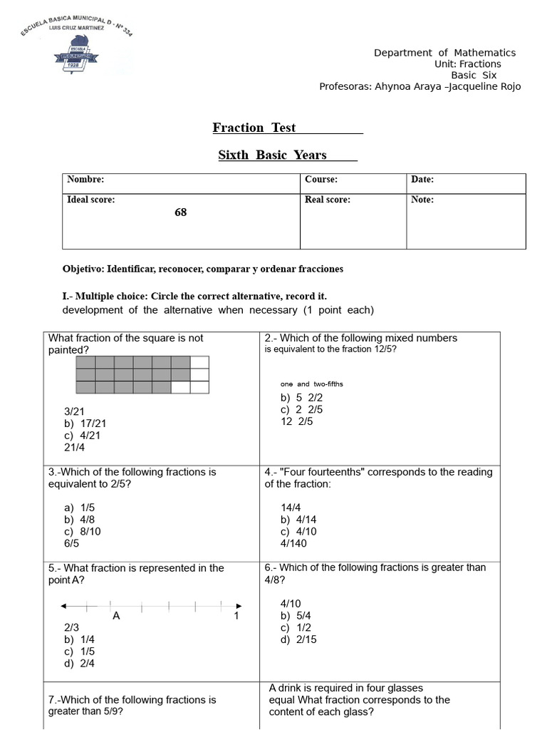 Sixth Grade Fraction Test | PDF | Mathematics