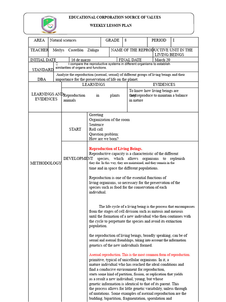 Eighth Grade Lesson Plan | PDF | Reproduction | Sexual Reproduction