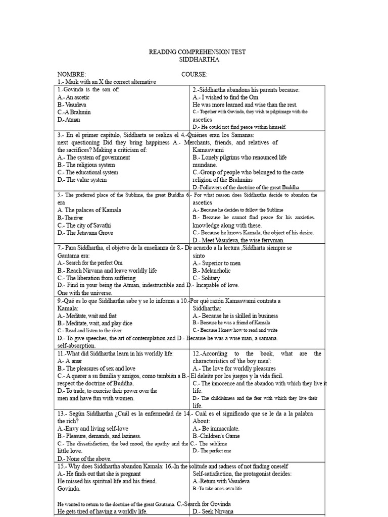 Siddhartha Reading Comprehension Test | PDF