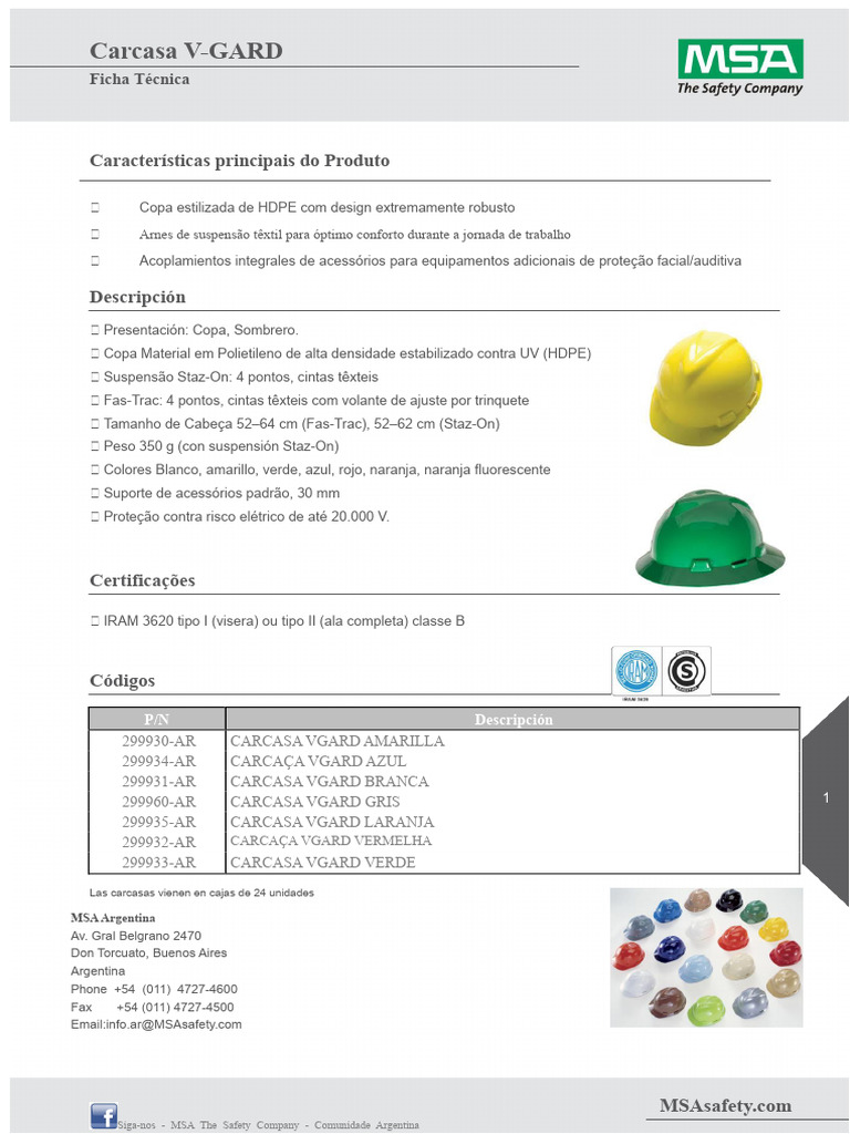 Ficha Técnica Msa Capacete V Gard Branco Segutecnica | PDF