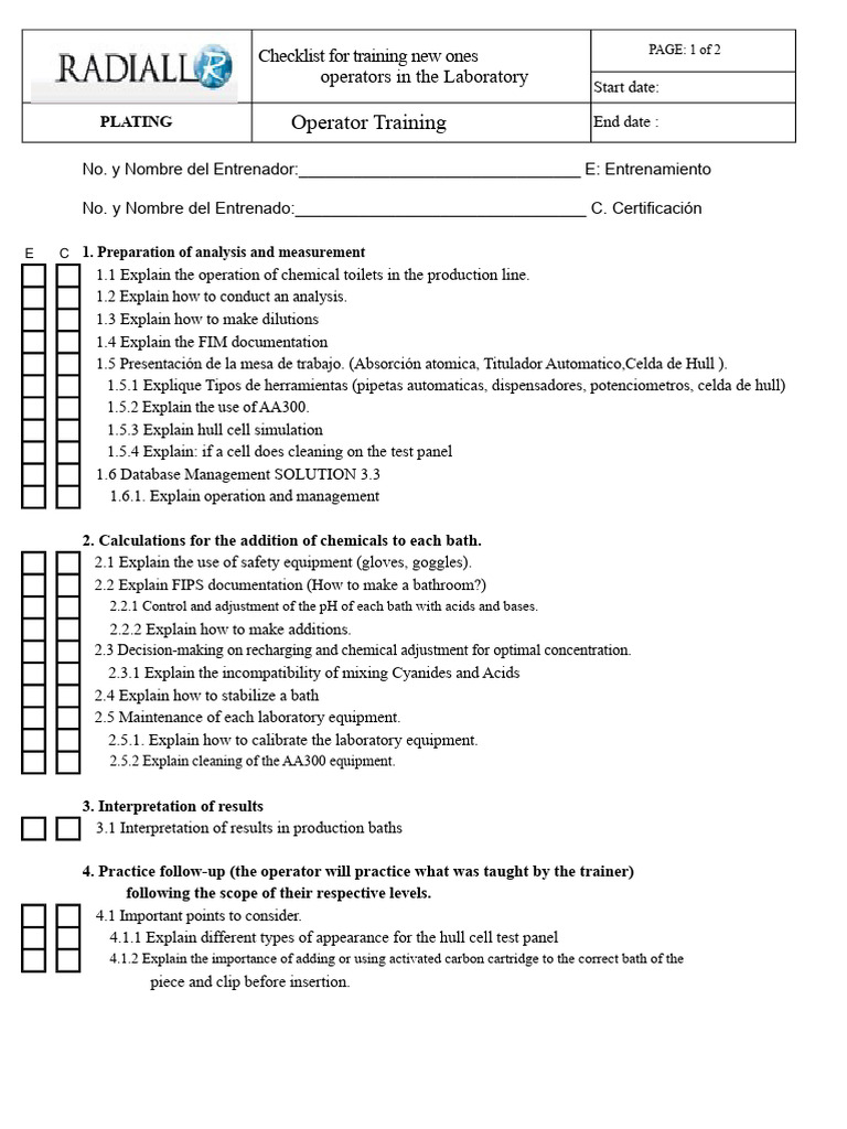 Laboratory Operator Training Checklist | PDF | Ph | Analytical Chemistry