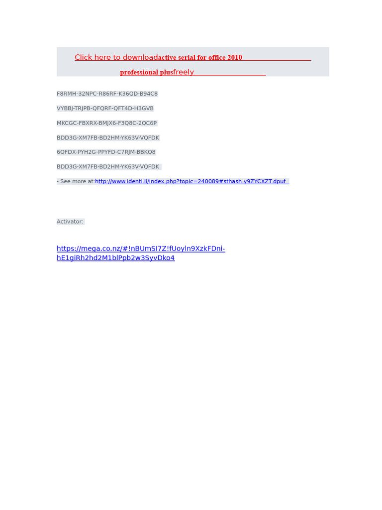Active Serial Keys for Office 2010 | PDF