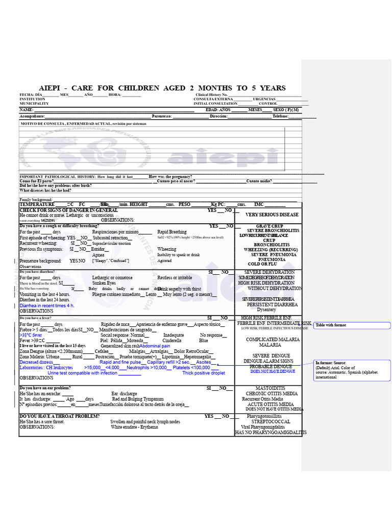 AIEPI Child Health Assessment Form | PDF | Diarrhea | Fever