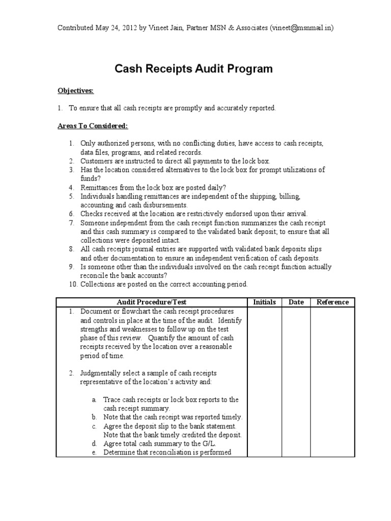 Cash Receipts Audit Program Guide | PDF | Receipt | Deposit Account
