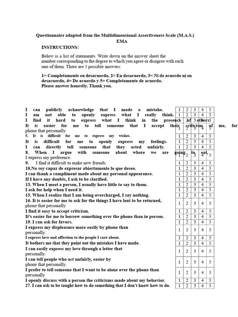 Adapted Questionnaire of The Multidimensional Assertiveness Scale | PDF