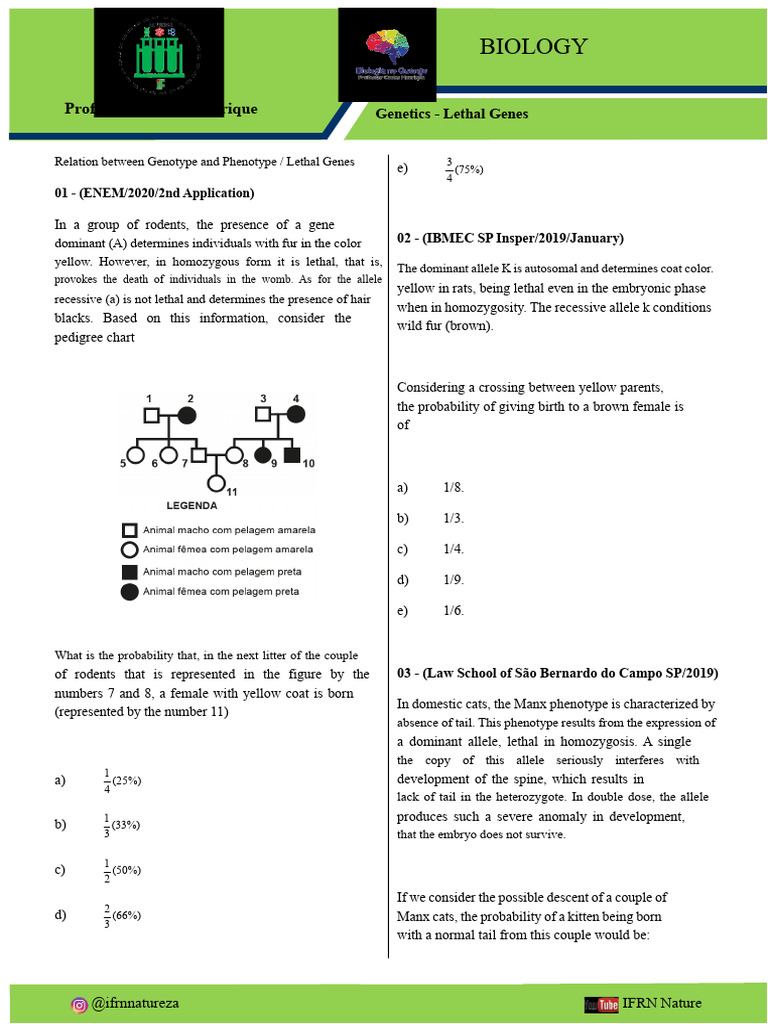 Genetics - Lethal Genes | PDF | Dominance (Genetics) | Zygosity
