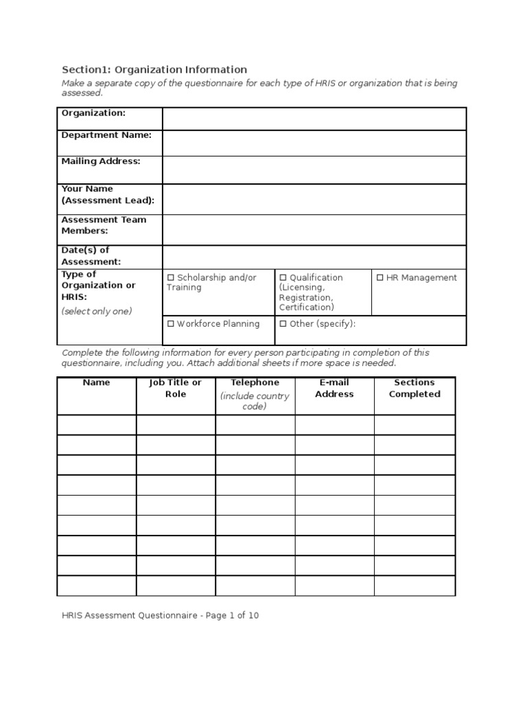HRIS Assessment Questionnaire Template | PDF | Business