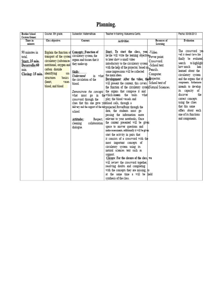 5th Grade Circulatory System Lesson Plan | PDF | Circulatory System | Blood