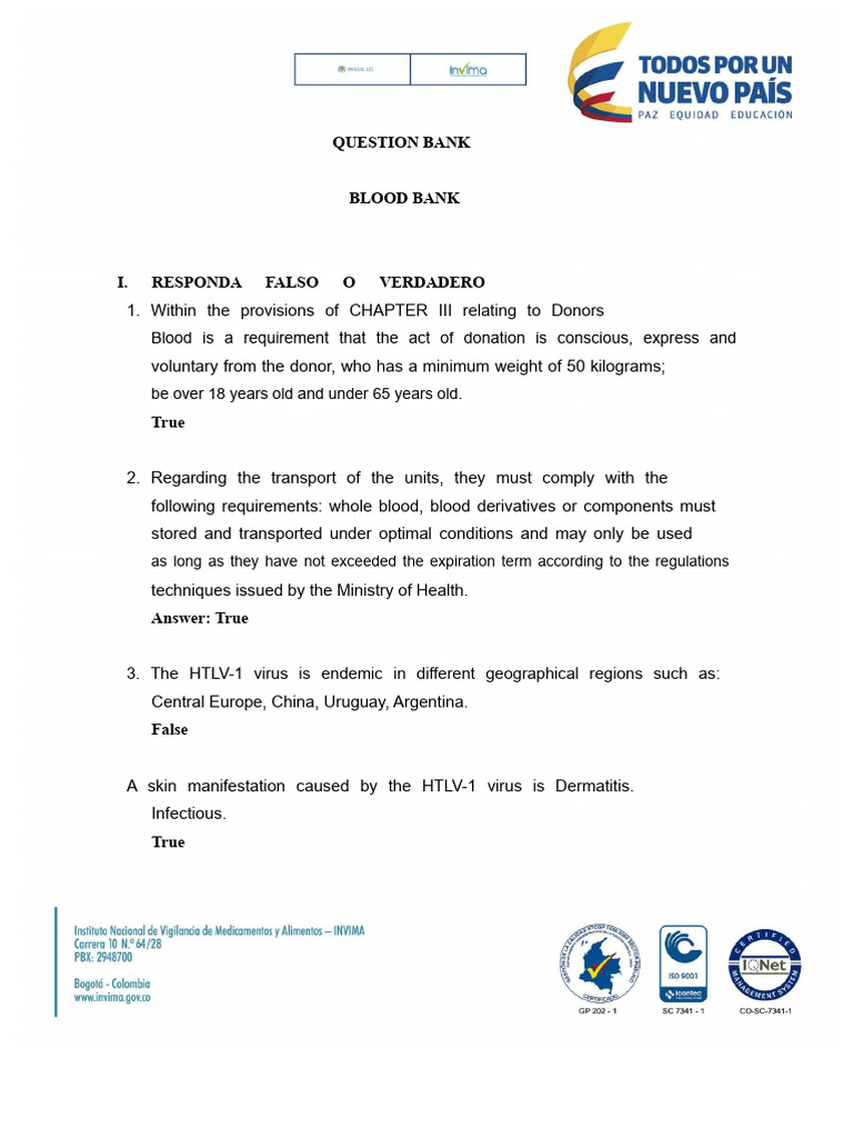 Blood Bank Question Bank | PDF | Blood Donation | Clinical Medicine