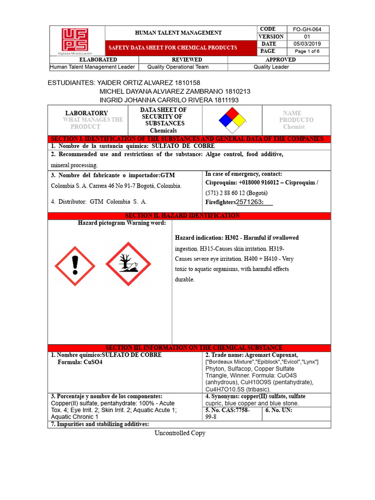 Copper Sulfate Safety Data Sheet | PDF | Toxicity | Personal Protective ...