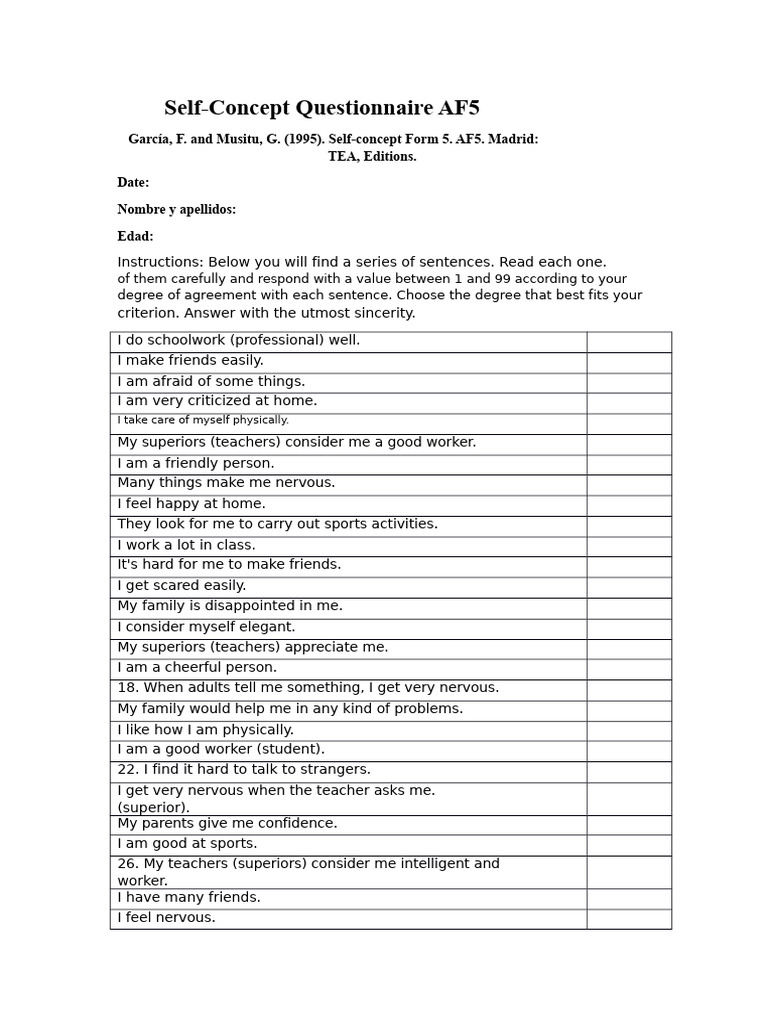 Self-Concept Questionnaire AF5 Guide | PDF