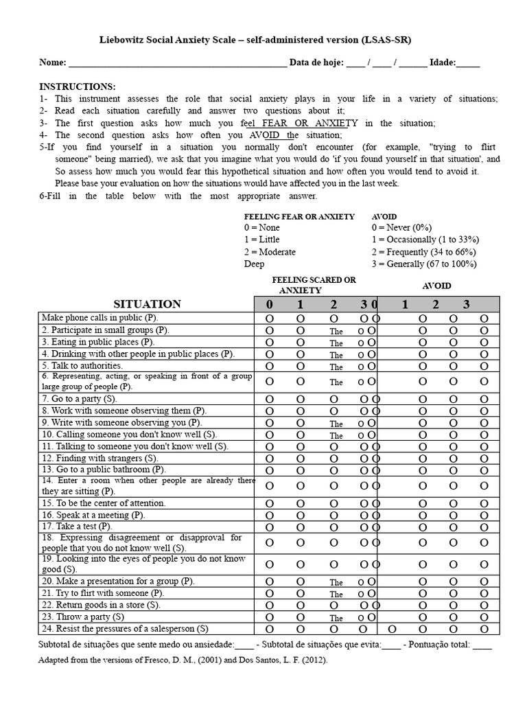 Liebowitz Social Anxiety Scale (LSAS-SR) | PDF | Anxiety | Social Anxiety