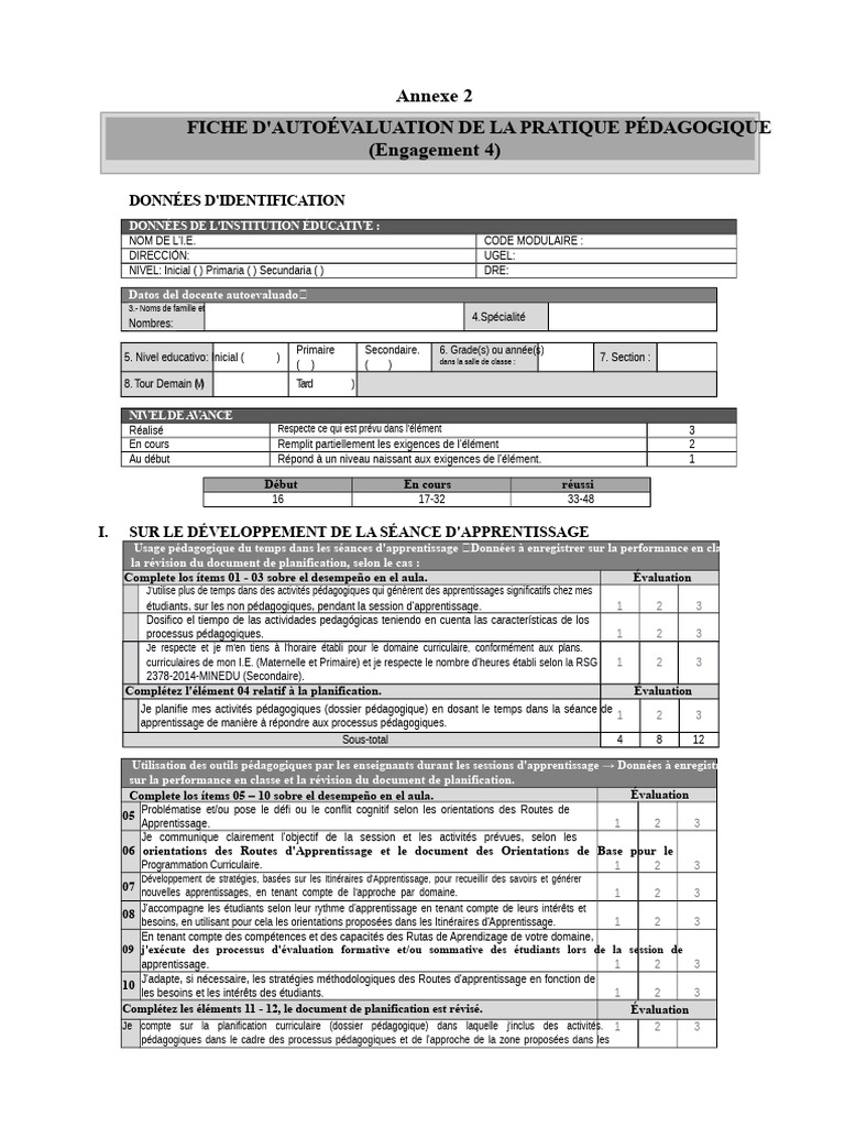 Fiche d'autoévaluation pédagogique | PDF | Pédagogie | Apprentissage