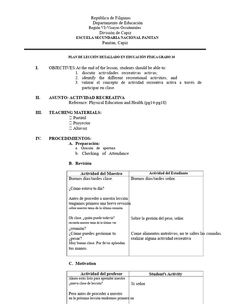 Plan de Lección Detallado en Educación Física (Actividades Recreativas ...