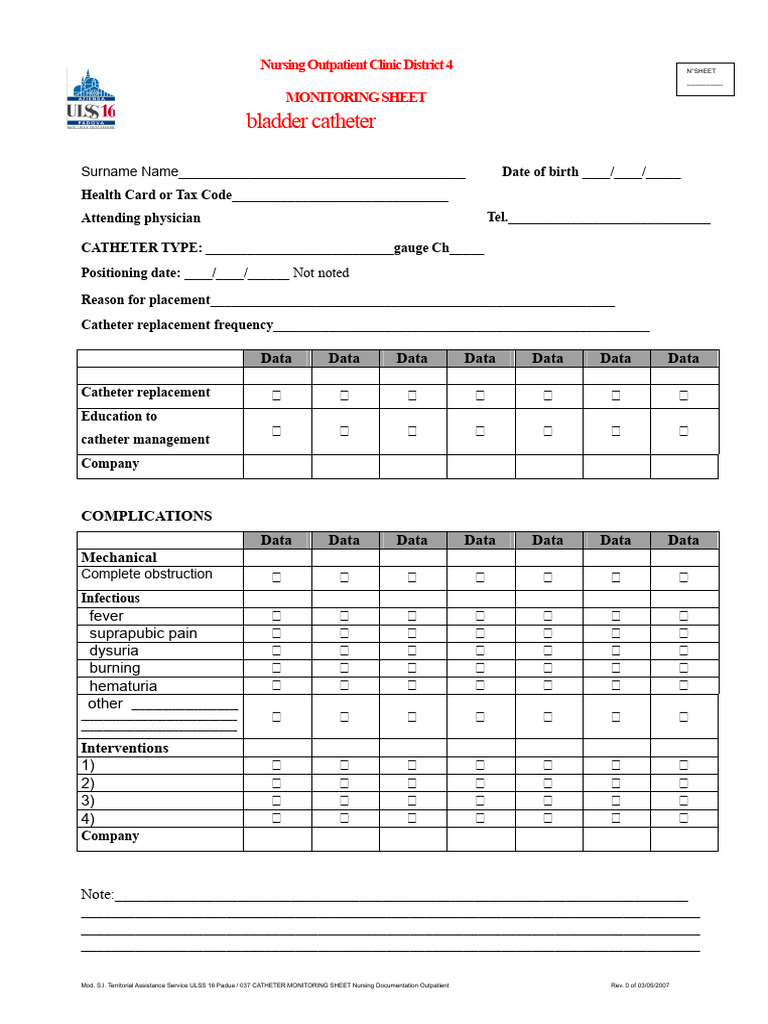 Urinary Catheter Monitoring Sheet | PDF | Surgical Specialties | Health ...
