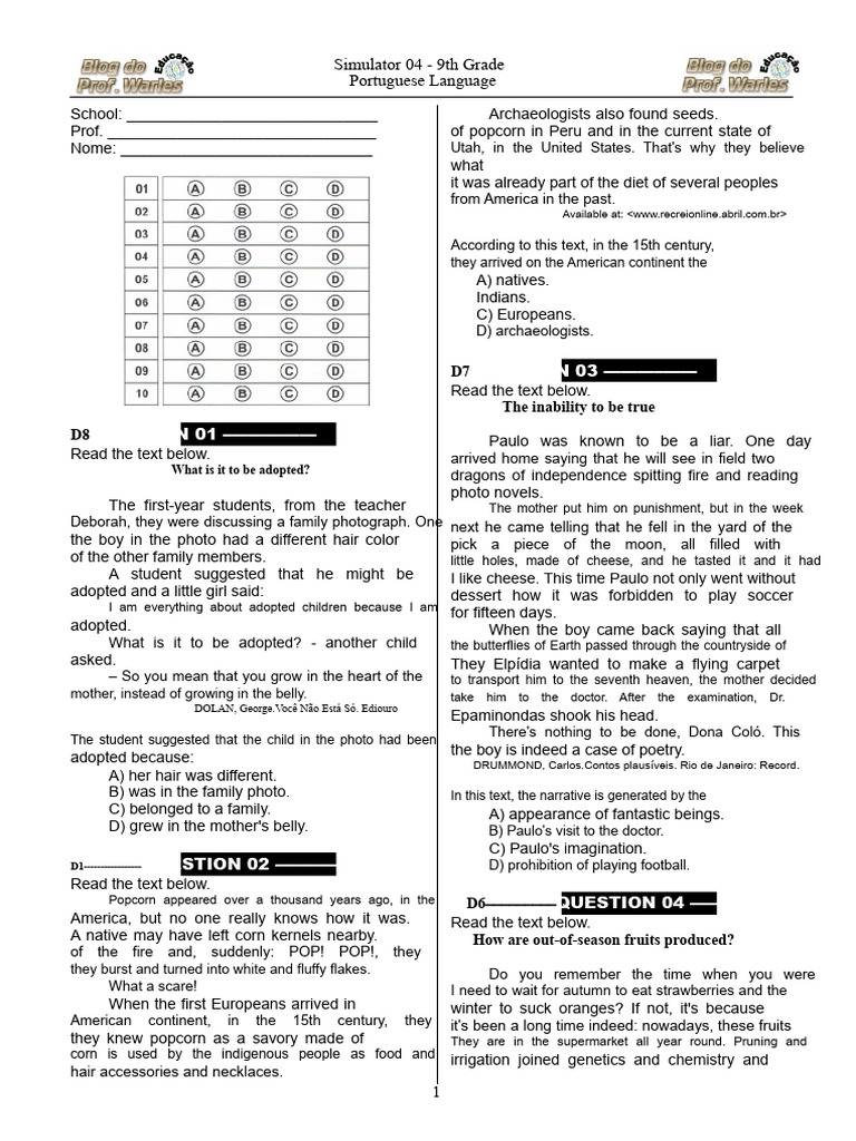 Simulated 4 (Portuguese 9th Grade - Blog of Professor Warles) | PDF