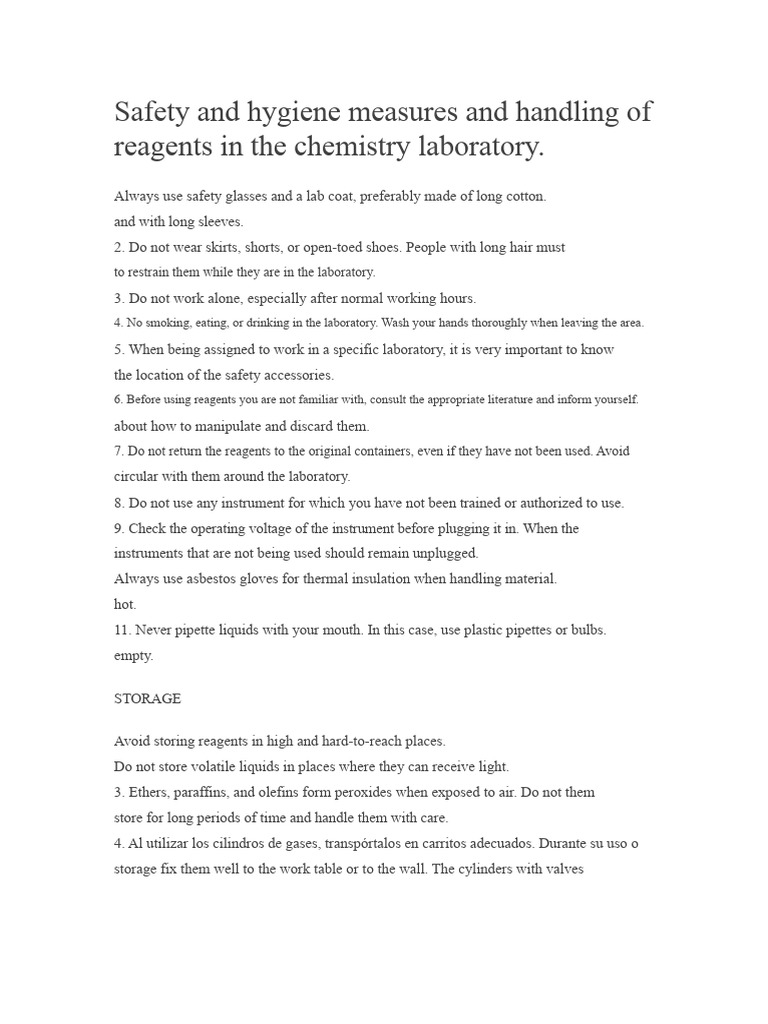 Safety and Hygiene Measures and Handling of Reagents in The Chemistry ...