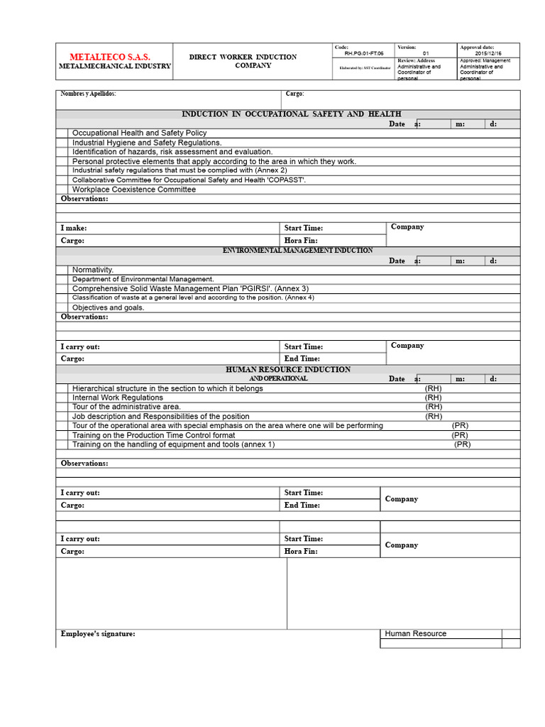 Direct Worker Induction Guide | PDF | Occupational Safety And Health ...