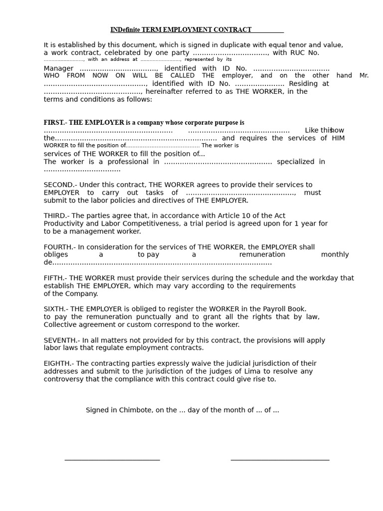 Indefinite Term Employment Contract | PDF | Employment | Business