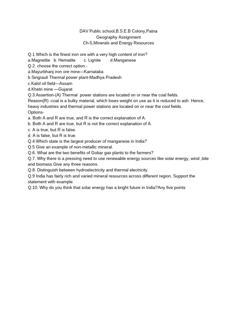 Geography Assignment II, Ch-05, Minerals and Energy Resources | PDF