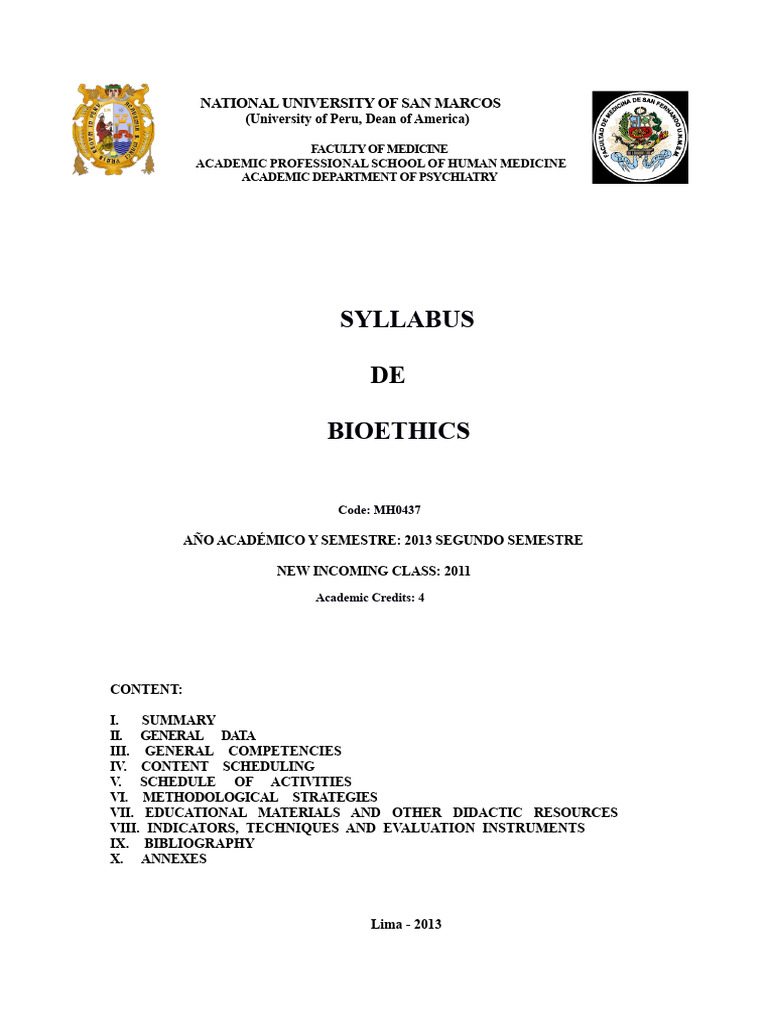 Syllabus of Bioethics - UNMSM | PDF | Informed Consent | Bioethics