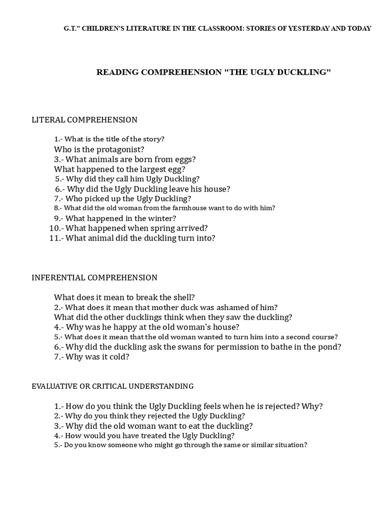 "The Ugly Duckling: Classroom Comprehension" | PDF