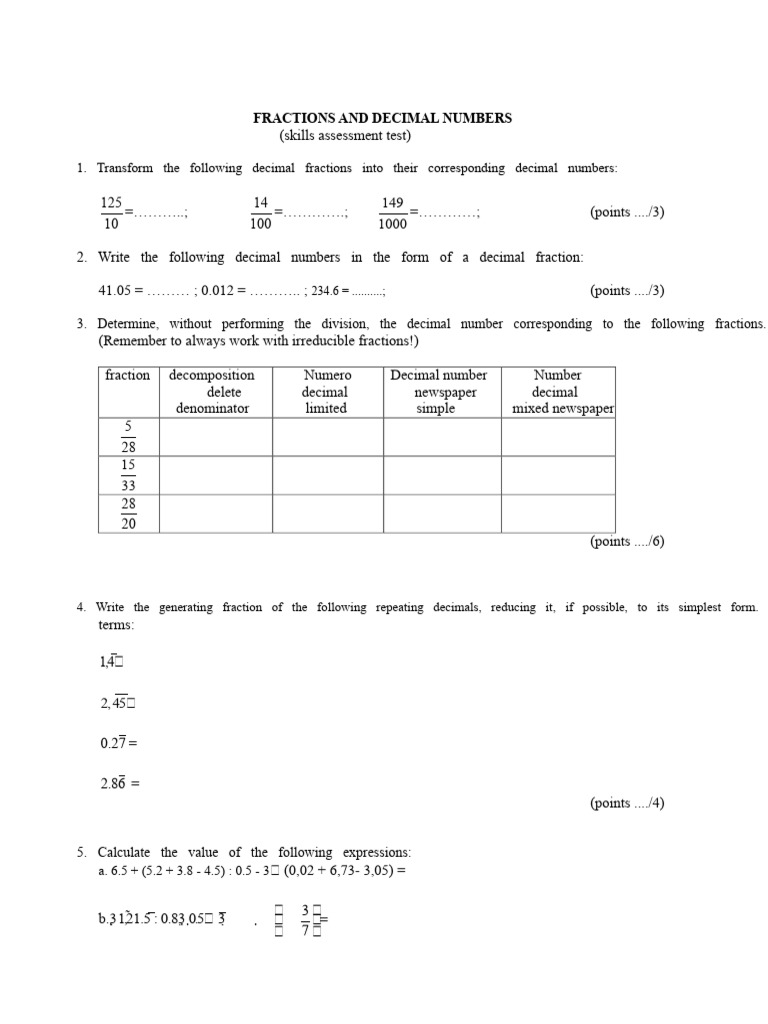 Fractions and Decimals Skills Test | PDF | Decimal | Numbers