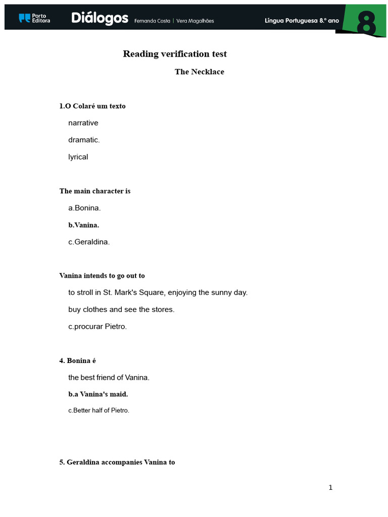 Reading Verification Test: The Necklace | PDF