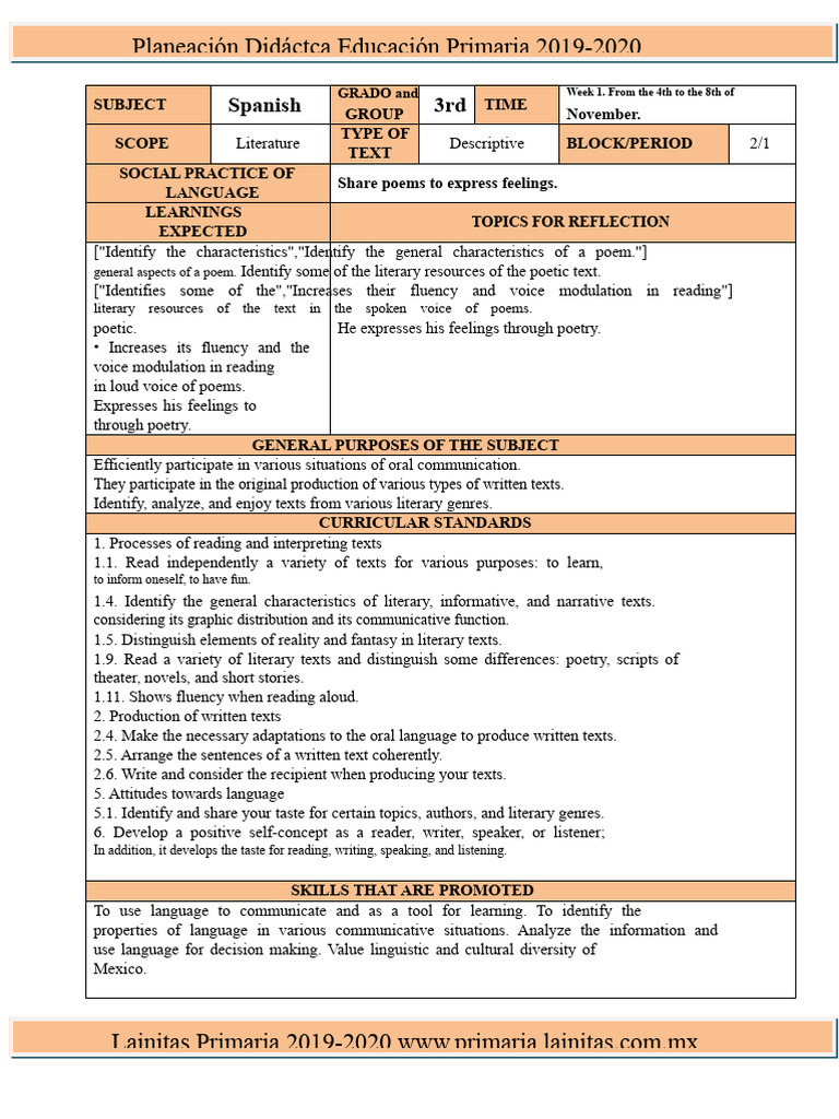November - 3rd Grade Spanish (2019-2020) | PDF | Poetry | Genre