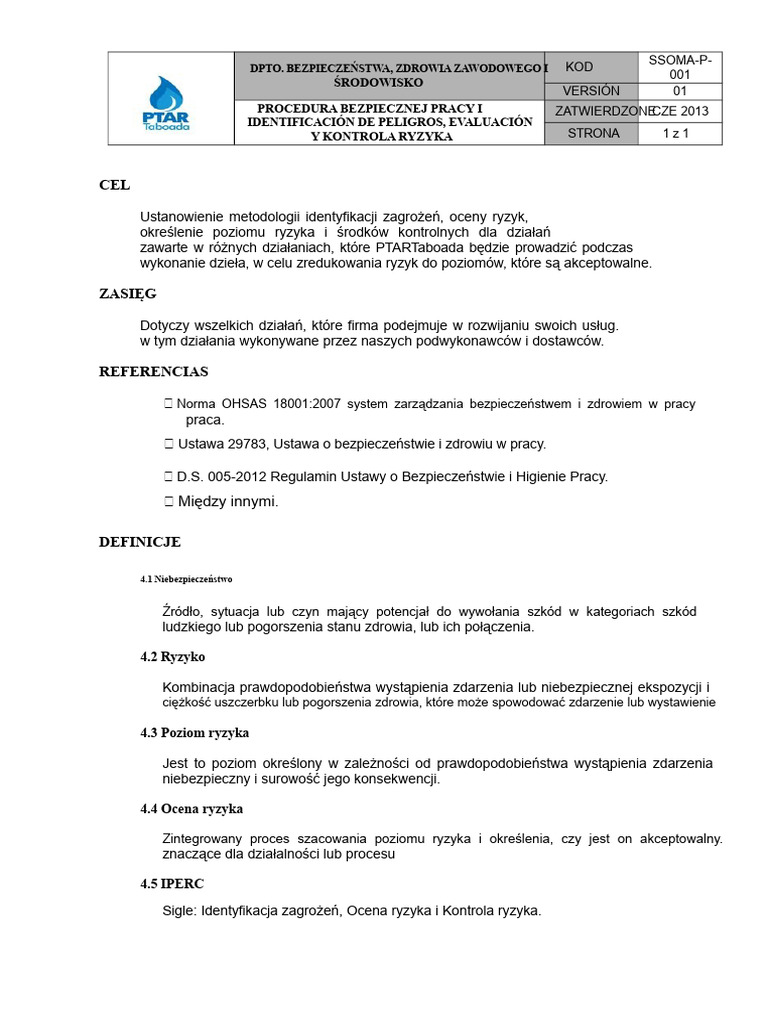 SSOMA P 001 IPERC Budowa PTAR Taboada (1) | PDF