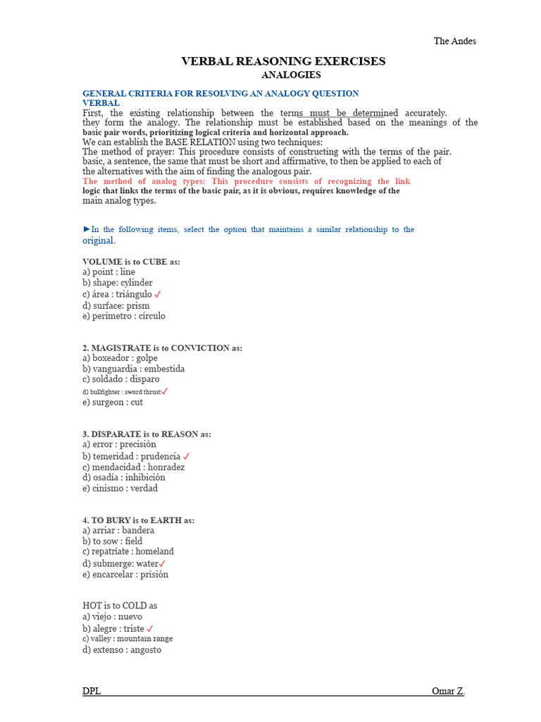 Verbal Reasoning Exercises Analogies | PDF | Matrix (Mathematics) | Analogy