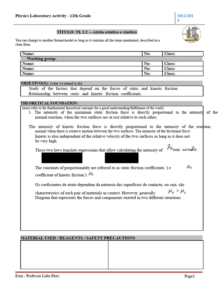 Laboratory Activity Coefficient of Friction | PDF | Friction | Force