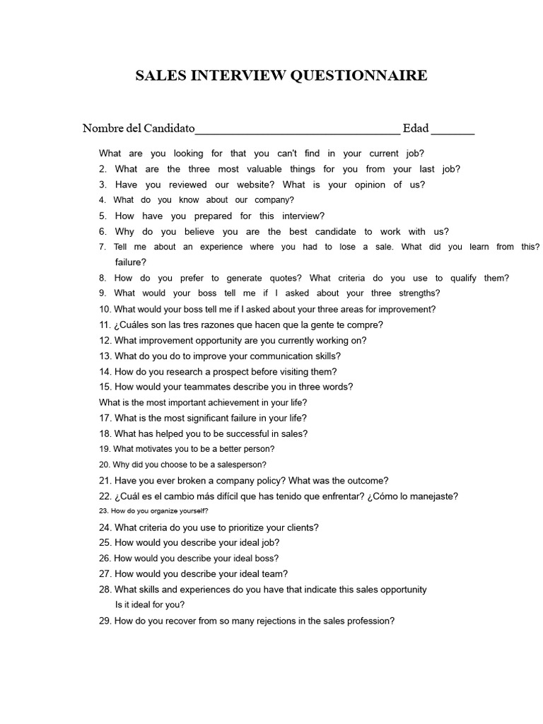 Sales Interview Questionnaire Template | PDF | Sales | Cognition