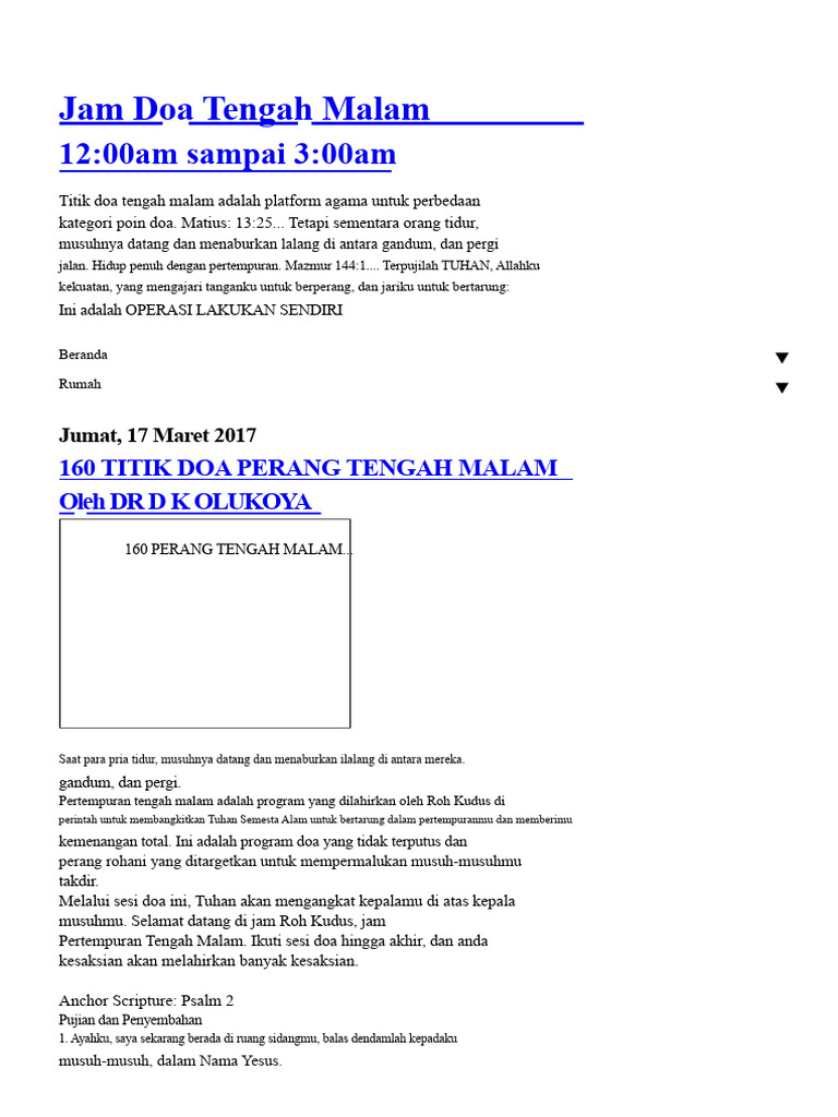 Titik Doa Tengah Malam Jam 12:00 Malam hingga 3:00 Pagi 160 TITIK DOA PERANG TENGAH MALAM Oleh ...