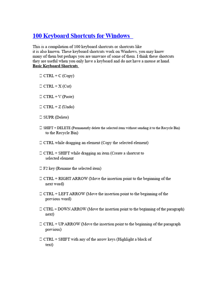 100 Keyboard Shortcuts For Windows | PDF | Computer Keyboard | Keyboard Shortcut