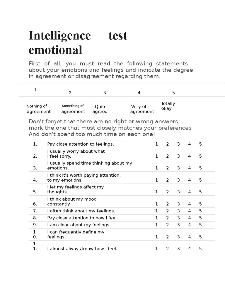 Emotional Intelligence Test. FORMAT. FOR PRINTING | PDF | Feeling ...