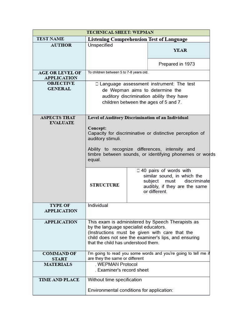 Wepman Auditory Discrimination Test | PDF | Sound | Cognitive Psychology