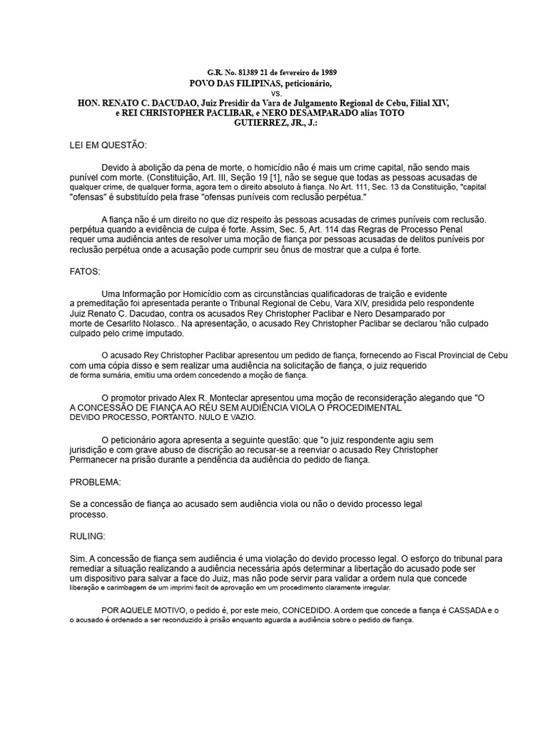 Pessoas Vs Dacudao RESUMO DO CASO | PDF | Fiança | Crimes