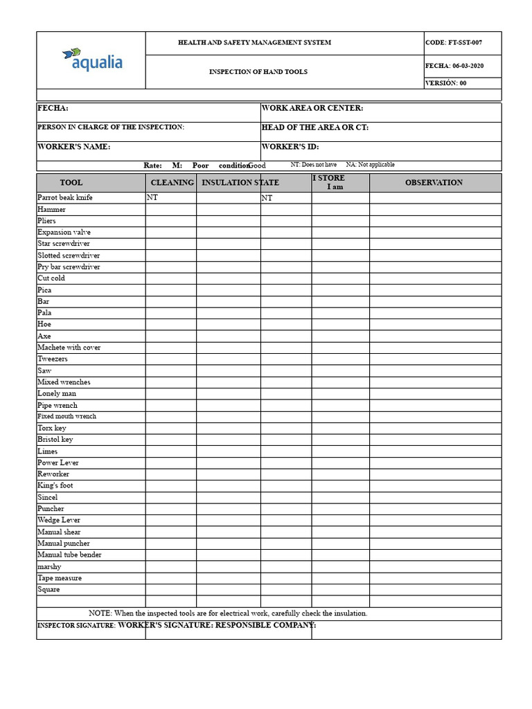 Hand Tool Safety Inspection Checklist | PDF | Tools | Screw