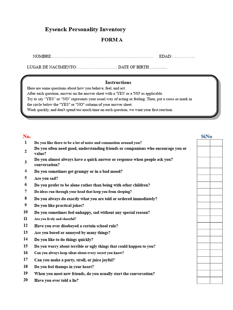 Eysenck Personality Inventory Form A | PDF | Behavioural Sciences ...